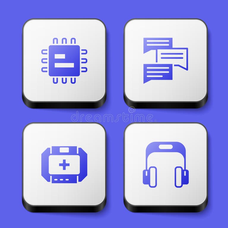 Set Processor CPU, Speech Bubble Chat, First Aid Kit and Headphones ...