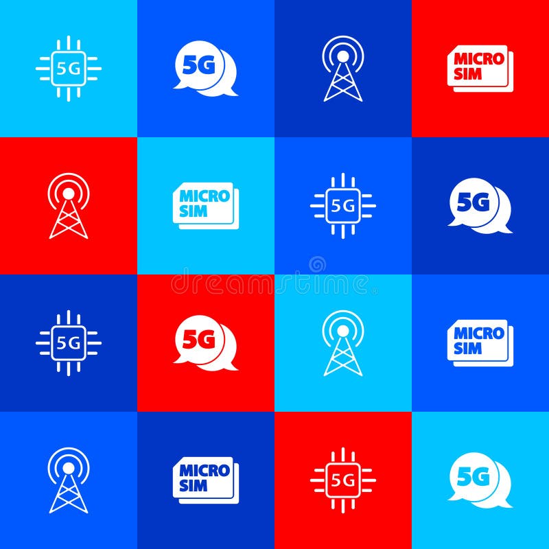 Set Processor 5G, Network, Antenna and Micro Sim Card Icon. Vector ...