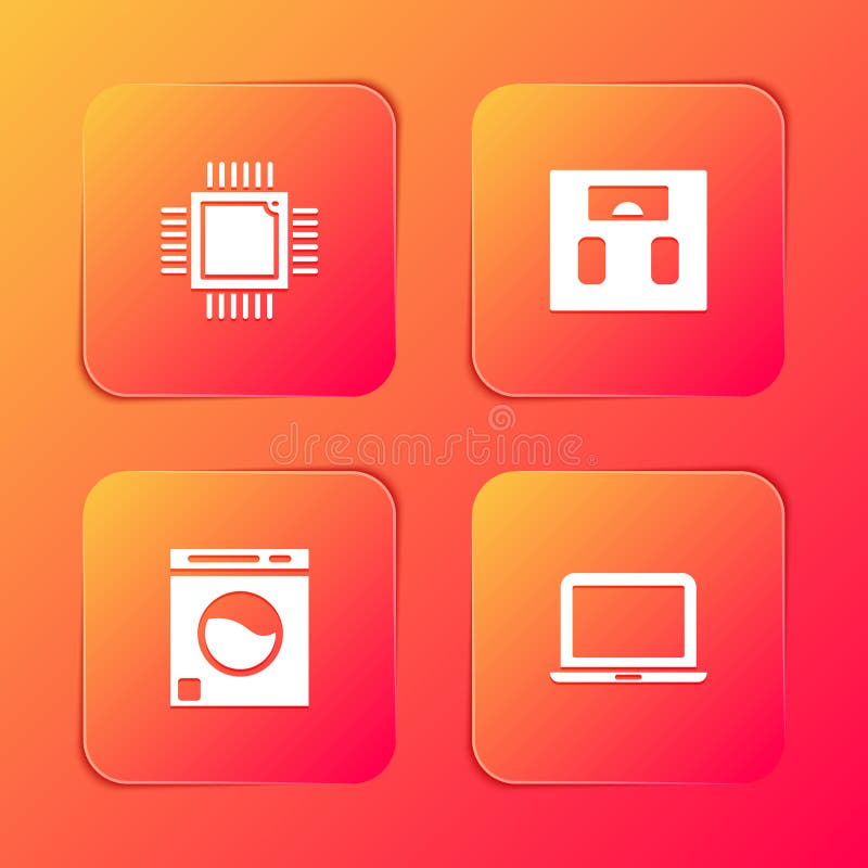 Set Processor with Microcircuits CPU, Bathroom Scales, Washer and Laptop Icon. Vector Stock ...