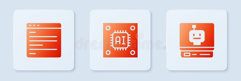 Set Processor with Microcircuits CPU, Computer Api Interface and Robot. White Square Button ...