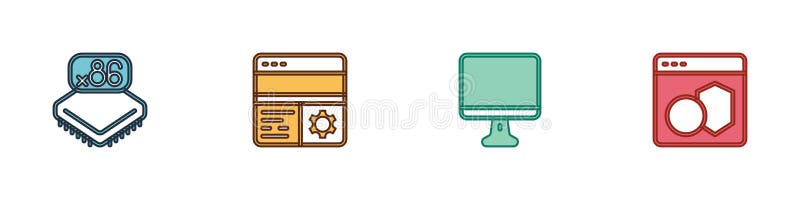 Set Processor With Microcircuits Cpu Debugging Computer Monitor Screen And Software Icon