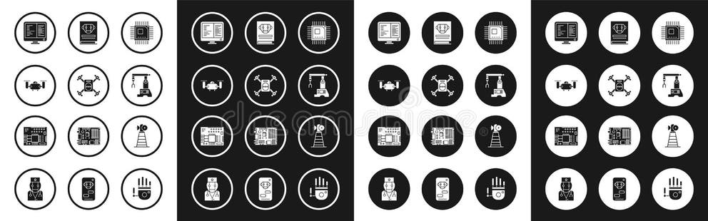 Set Processor With Microcircuits Cpu Drone Flying Action Camera Computer Monitor Screen