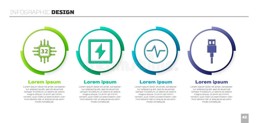 Set Processor with Microcircuits CPU, Lightning Bolt, Electric Circuit Scheme and USB Cable Cord ...