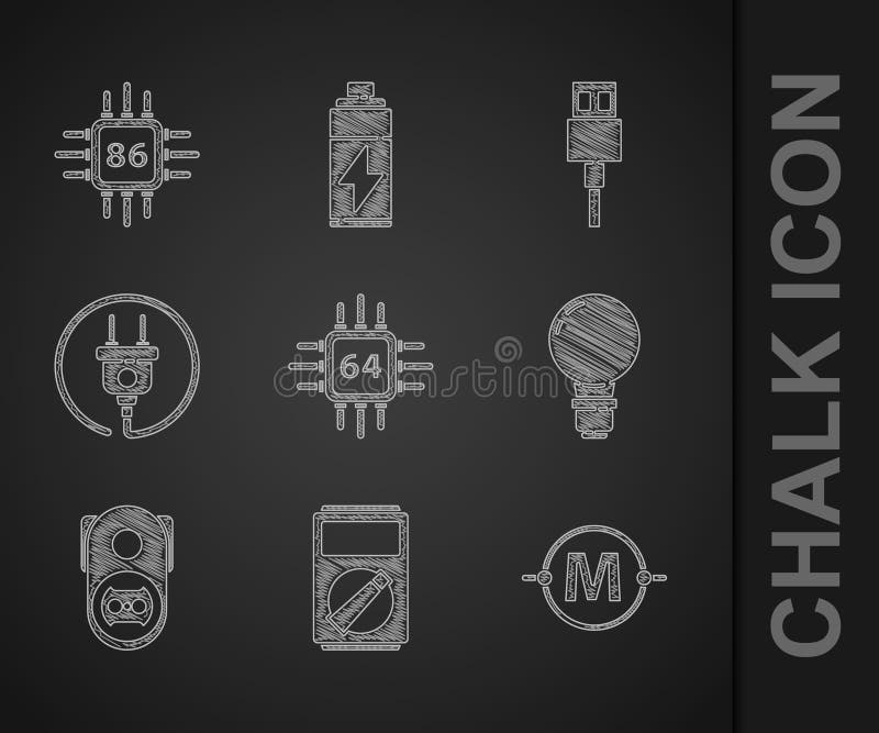 Set Processor With Microcircuits Cpu Multimeter Electric Scheme Light Bulb Concept Of Idea