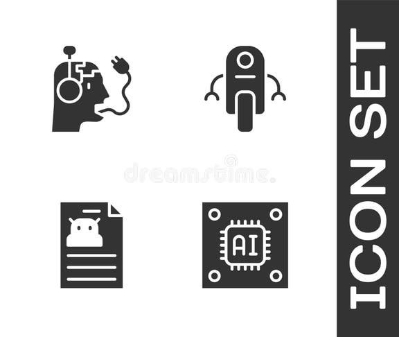 Set Processor with Microcircuits CPU, Robot Charging Battery, Technical Specification and Icon ...