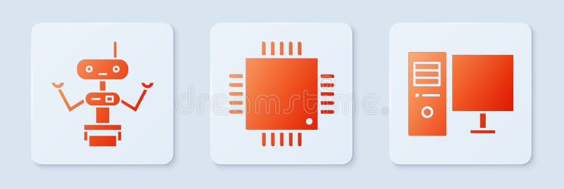 Set Processor With Microcircuits Cpu Robot And Computer Monitor White Square Button Vector