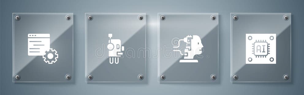 Set Processor with Microcircuits CPU, Robot for Maintenance, and Computer Api Interface. Square ...