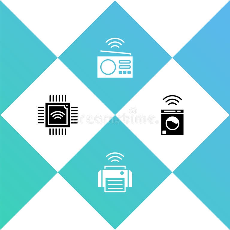 Set Processor with Microcircuits CPU, Smart Printer, Radio and Washer Icon. Vector Stock ...