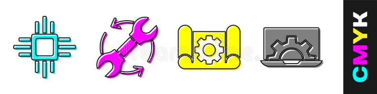 Set Processor with Microcircuits CPU, Wrench and Arrows As Workflow, Graphing Paper and Gear and ...