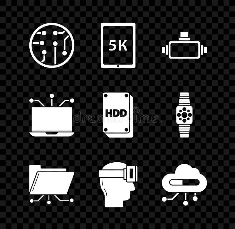 Set Processor, Tablet with Text 5k, Virtual Reality Glasses, Folder and ... Set Processor, Tablet with Text 5k, Virtual Reality Glasses, Folder and ...
