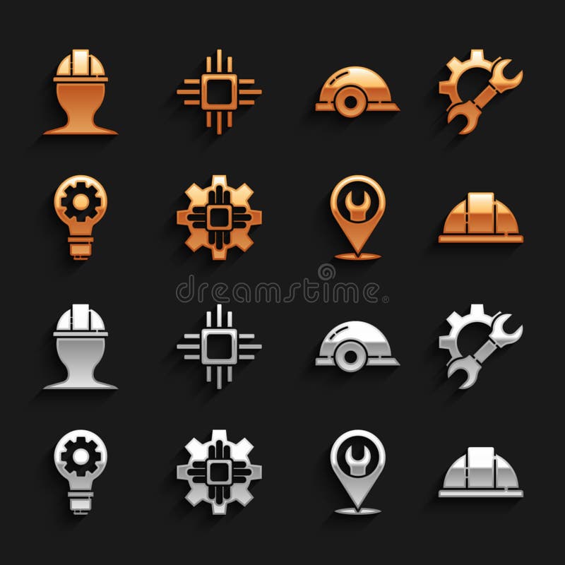 Set Processor, Wrench Spanner and Gear, Worker Safety Helmet, Location ... Set Processor, Wrench Spanner and Gear, Worker Safety Helmet, Location ...
