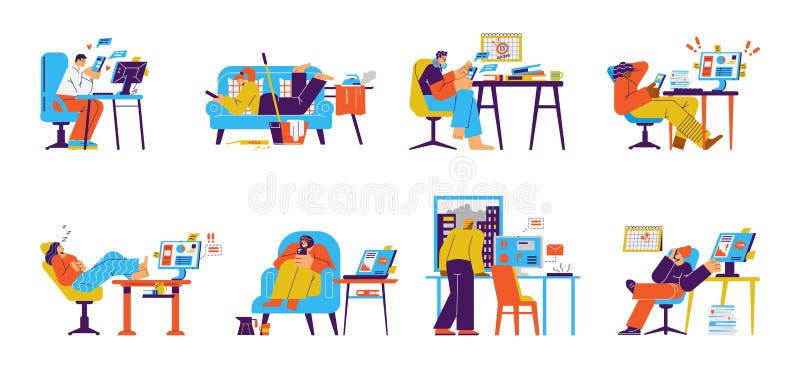 Set of Procrastinating People in Different Situations Flat Style ...