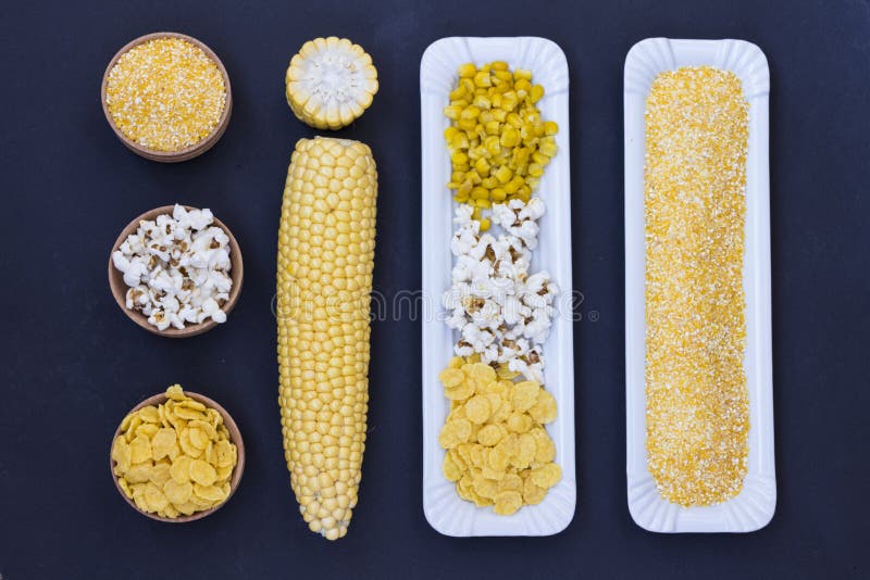 A Set Of Products Made From Corn: Cereal, Sticks, Boiled Grains And ...
