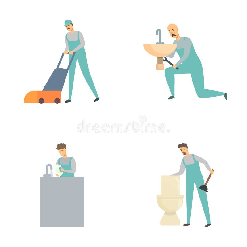 Set of Professional Cleaners Performing Various Tasks Stock Vector ...