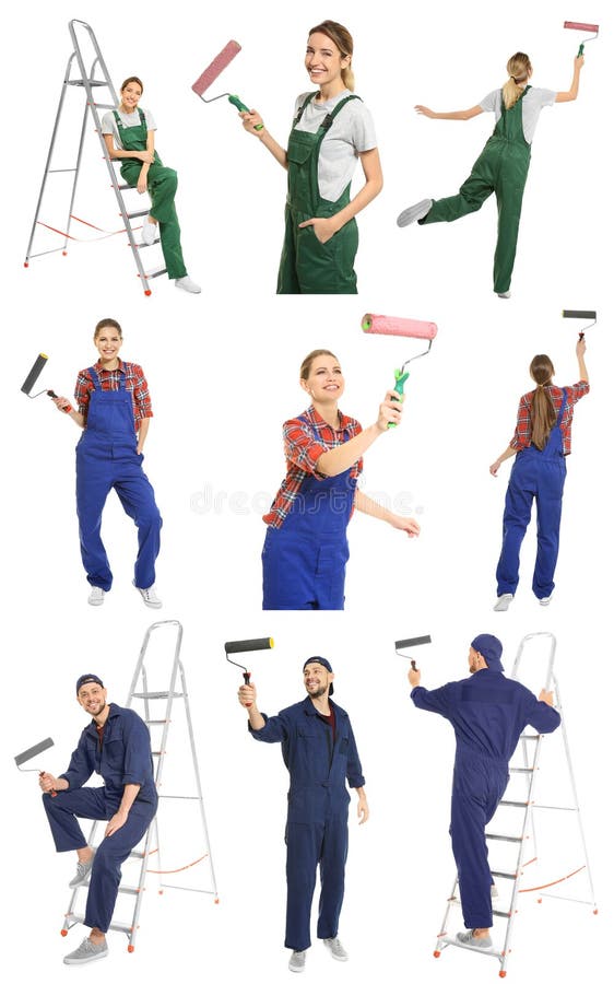 Set with Professional Decorators and Tools on White Background Stock ...