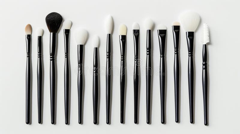 Set of Professional Makeup Brushes Arranged in a Row, Black Handles ...