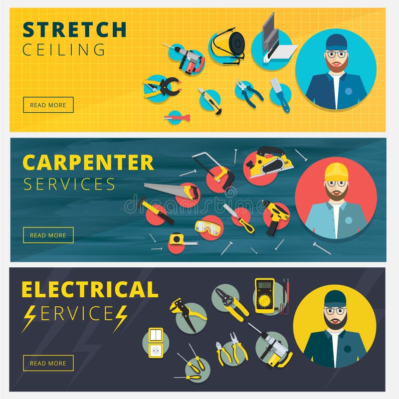 Set of Professional Repair Worker Banners. Stretch Ceiling, Carp Stock ...