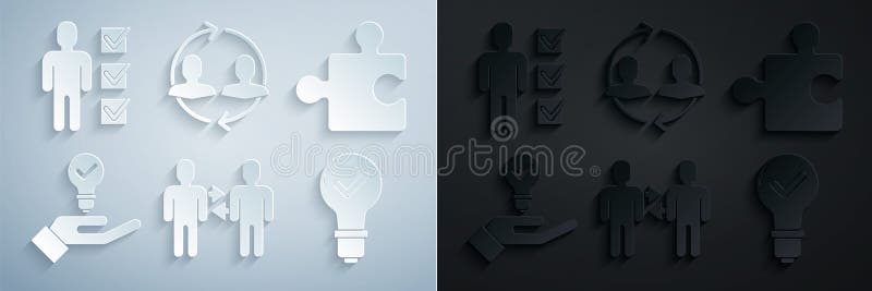 Set Project Team Base, Piece of Puzzle, Light Bulb in Hand, Check Mark ...