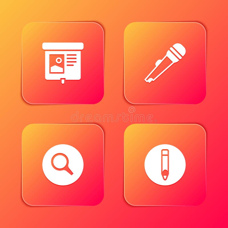 Set Projection Screen, Microphone, Magnifying Glass and Pencil Icon ...