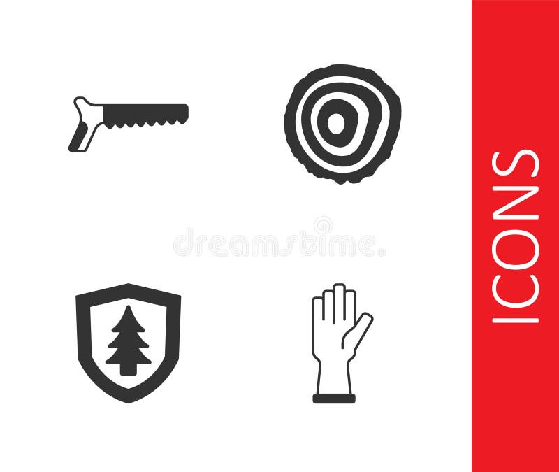 Set Protective Gloves, Hand Saw, Shield with Tree and Tree Rings Icon ...