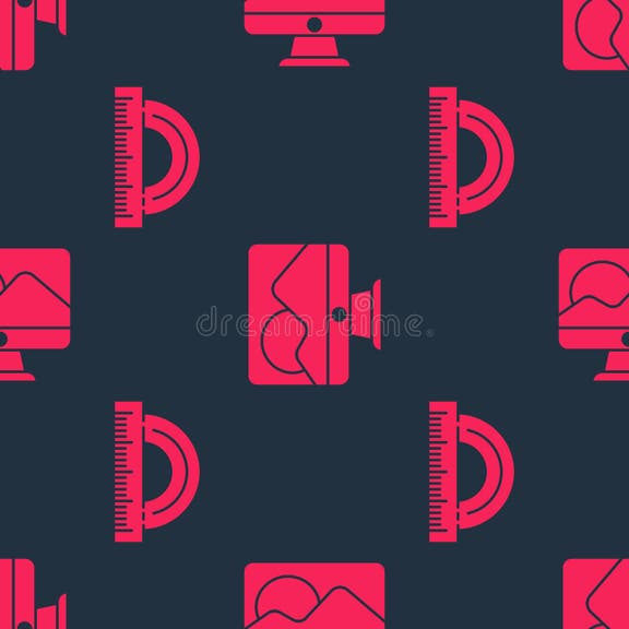 Set Protractor and Computer Monitor Screen on Seamless Pattern. Vector ...