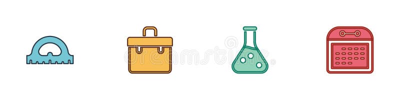 Set Protractor Grid, Briefcase, Test Tube and Calendar Icon. Vector ...