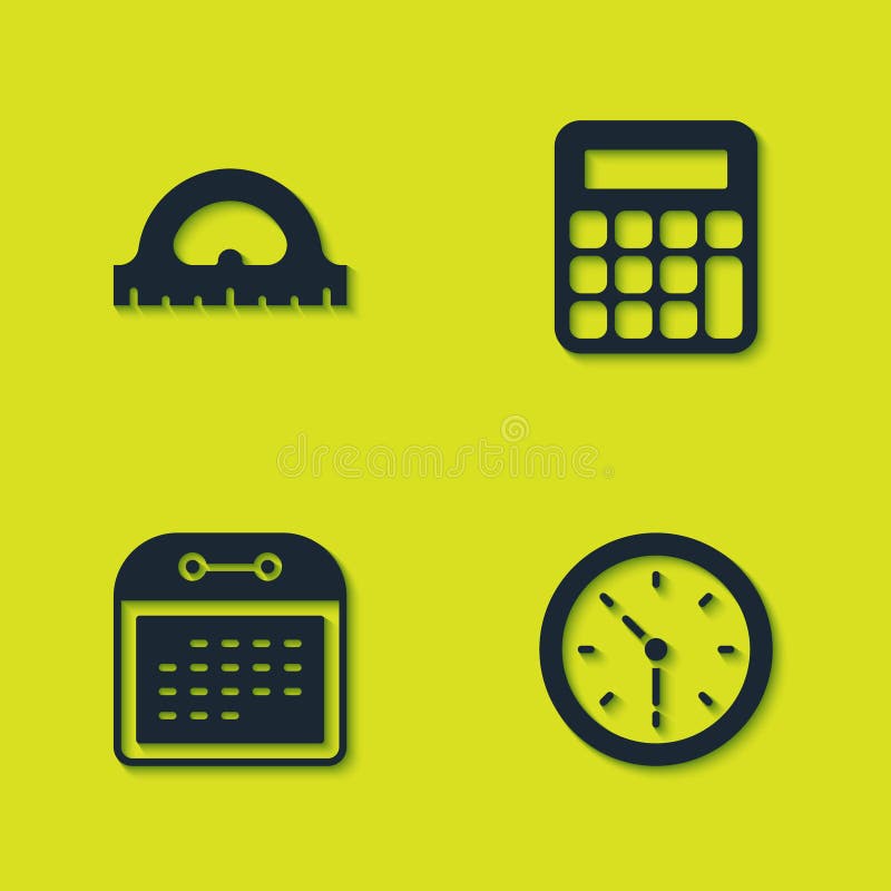 Set Protractor Grid, Clock, Calendar and Calculator Icon. Vector Stock ...