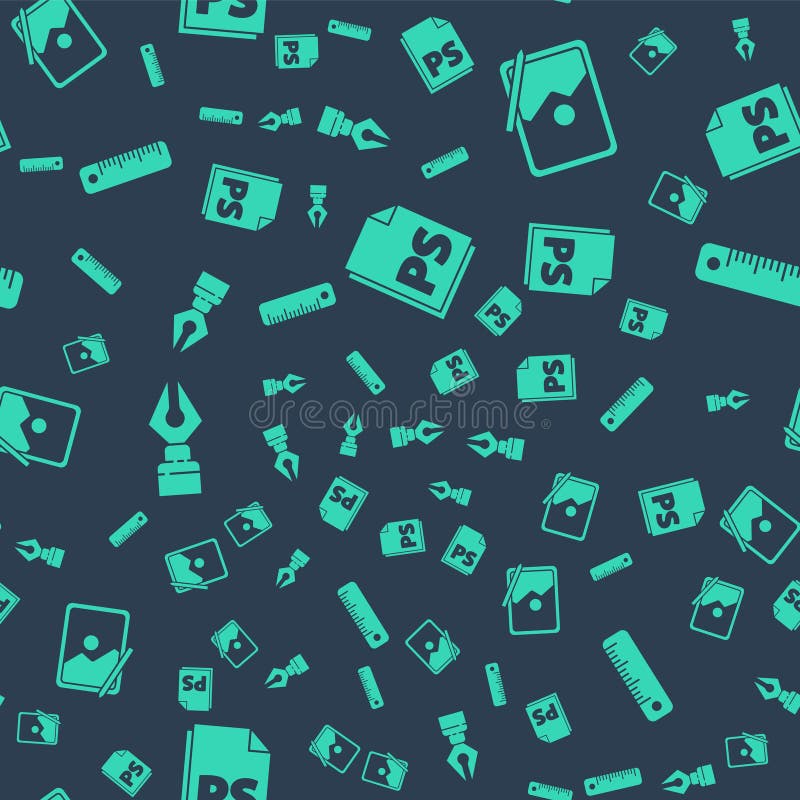 Set PS File Document, Graphic Tablet, Fountain Pen Nib and Ruler on Seamless Pattern. Vector ...