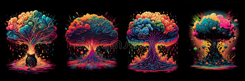 Set of Psychedelic Dripping Cartoon Nuclear Explosion. Generative AI ...