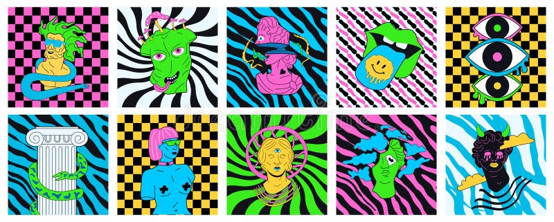A Set of Psychedelic, Surreal Design Elements with Crazy Acid Figures ...