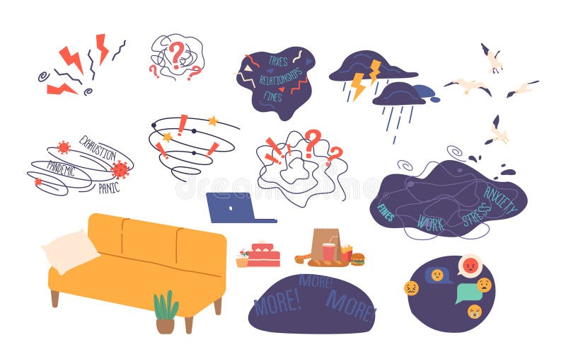 Set of Psychological Problem Icons. Tangle of Problems, Exhaustion ...