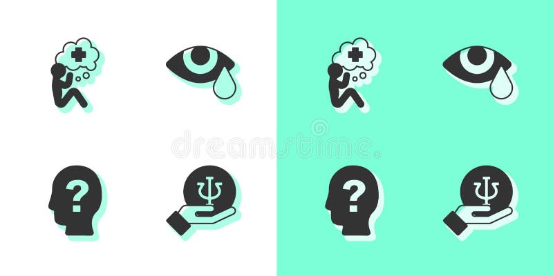 Set Psychology, Psi, Helping Hand, Head with Question Mark and Tear Cry Eye Icon. Vector Stock ...