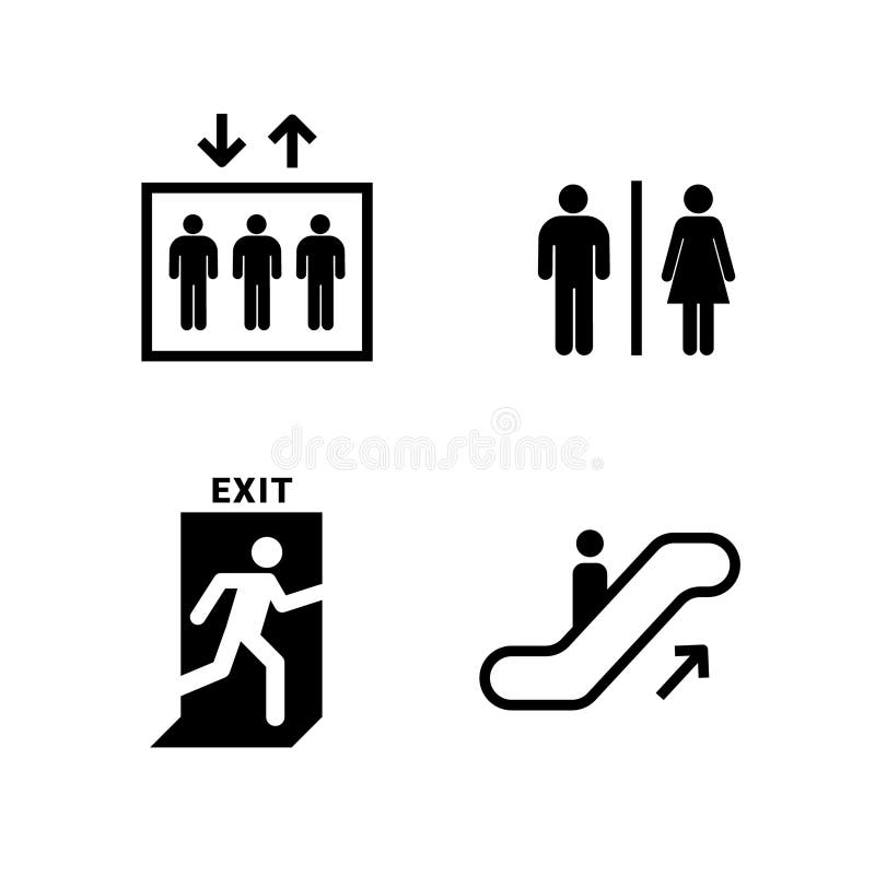 Set of Public Facility Icons Elevator, Restroom, Exit, and Escalator ...