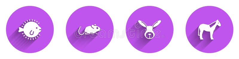 Set Puffer Fish, Rat, Rabbit Head and Horse Icon with Long Shadow ...