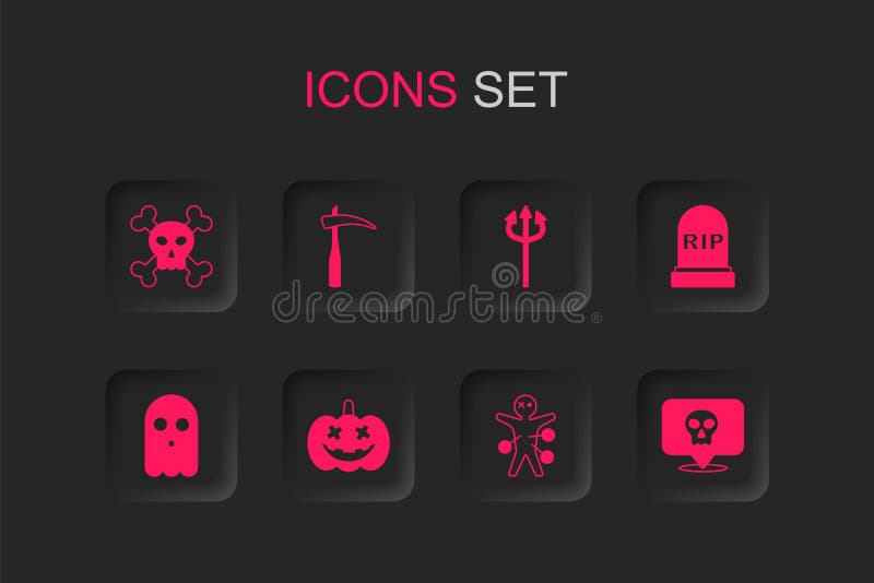 Set Pumpkin, Scythe, Skull on Crossbones, Voodoo Doll, Tombstone with ...