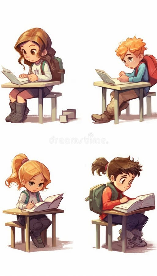 A Set of 4 Pupils Sitting on a School Desk Generative AI Stock ...