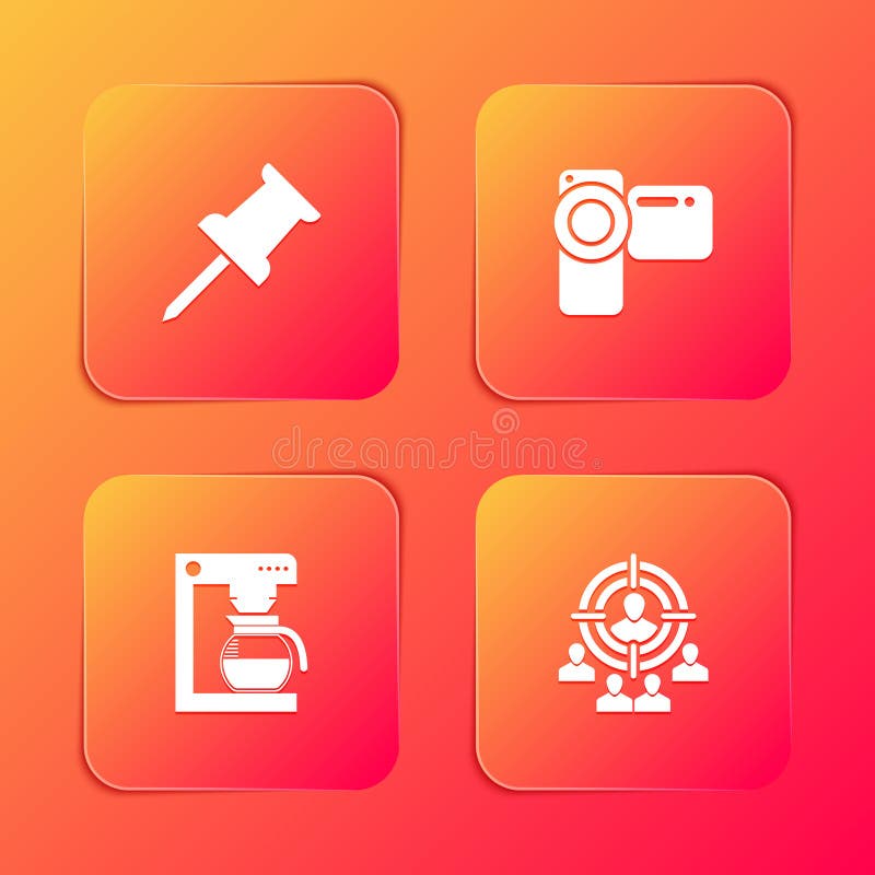 Set Push Pin, Cinema Camera, Coffee Machine with Pot and Marketing ...