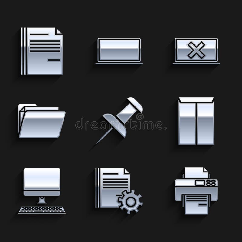 Set Push Pin, Document Settings with Gears, Printer, Envelope, Computer ... Set Push Pin, Document Settings with Gears, Printer, Envelope, Computer ...