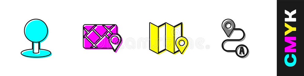 Set Push Pin, Gps Device with Map, Folded Location Marker and Route ...