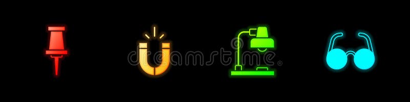 Set Push Pin, Magnet, Table Lamp and Glasses Icon. Vector Stock ...
