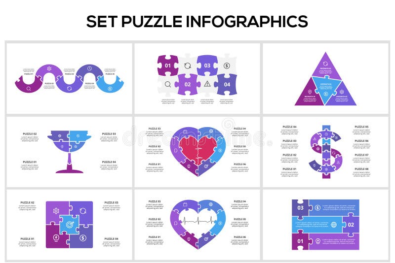 Set Puzzle Infographic with 3, 4, 5, 6, 8 Steps, Options, Parts or ...