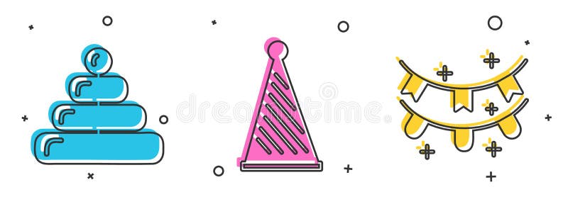 Set Pyramid Toy, Party Hat and Carnival Garland with Flags Icon. Vector ...