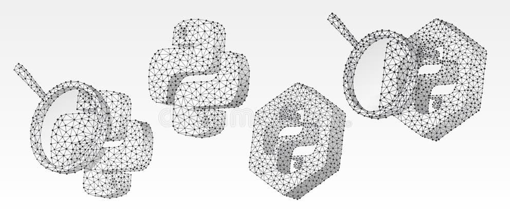 Set of Python Coding Language Signs. Programming Analytics, Magnifying Glass. Low Poly ...