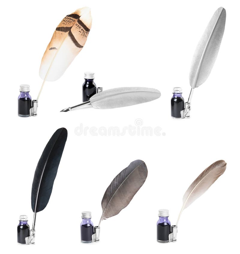 Set with Quills and Inks on White Background Stock Photo - Image of ...