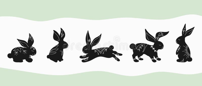 Set of Rabbit Silhouettes in Different Poses. Hand Drawn Rabbits ...
