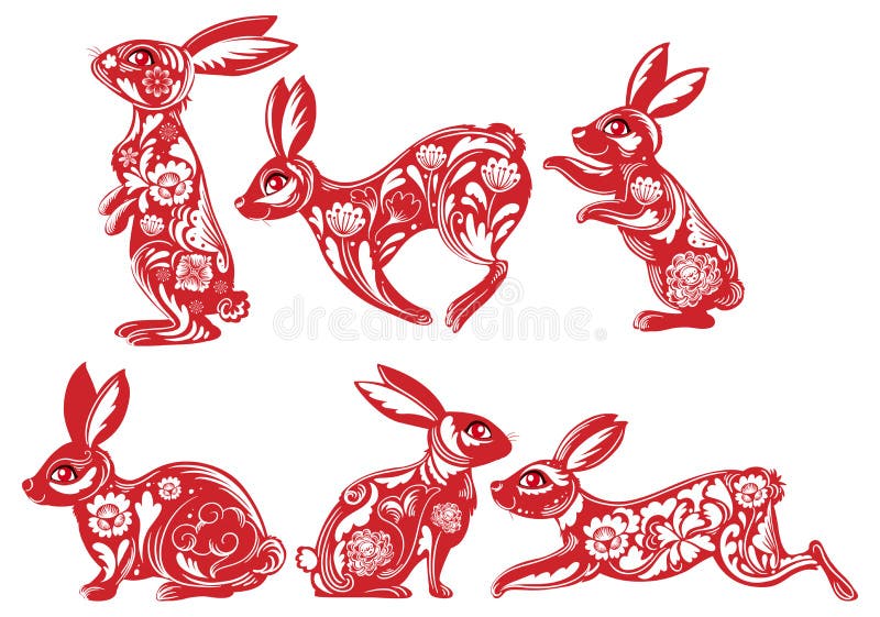Set of Rabbits in Chinese Style Stock Vector - Illustration of animals ...