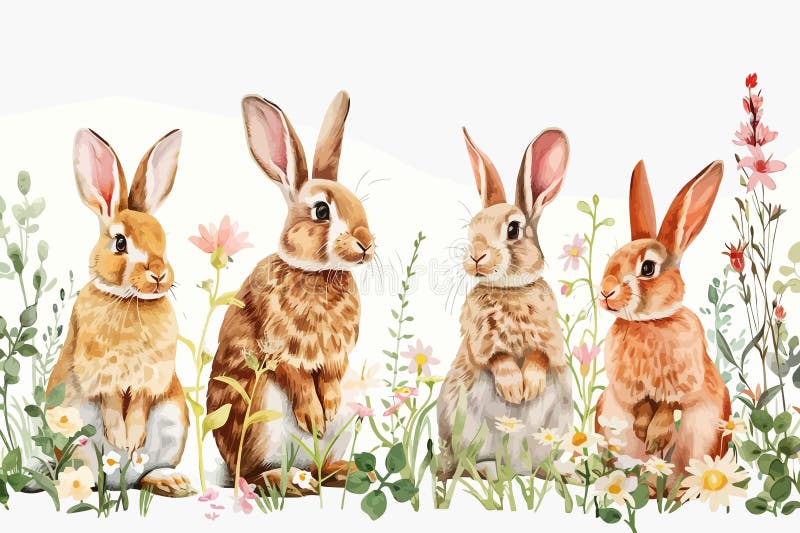 Set of Rabbits on Floral Watercolor Background Isolated Illustration ...