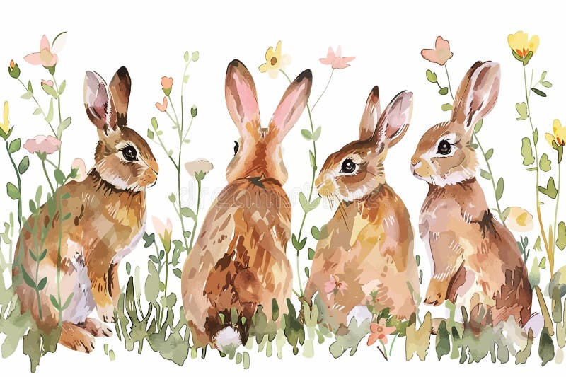 Set of Rabbits on Floral Watercolor Background Isolated Illustration ...