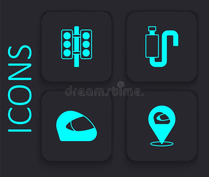 Set Racing Helmet, Traffic Light, Car Muffler and Icon. Black Square ...