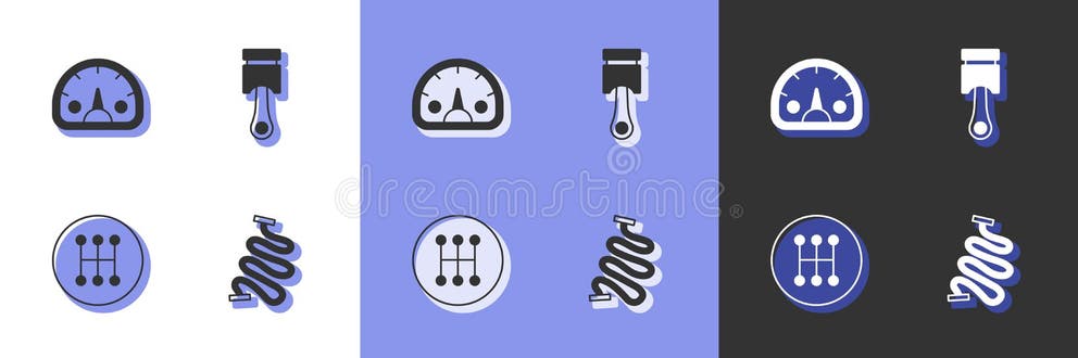 Set Racing Track, Speedometer, Gear Shifter and Engine Piston Icon ...
